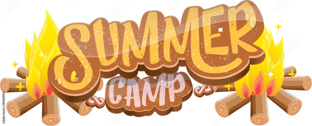 vector summer camp cartoon logo with campfire isolated on white ...