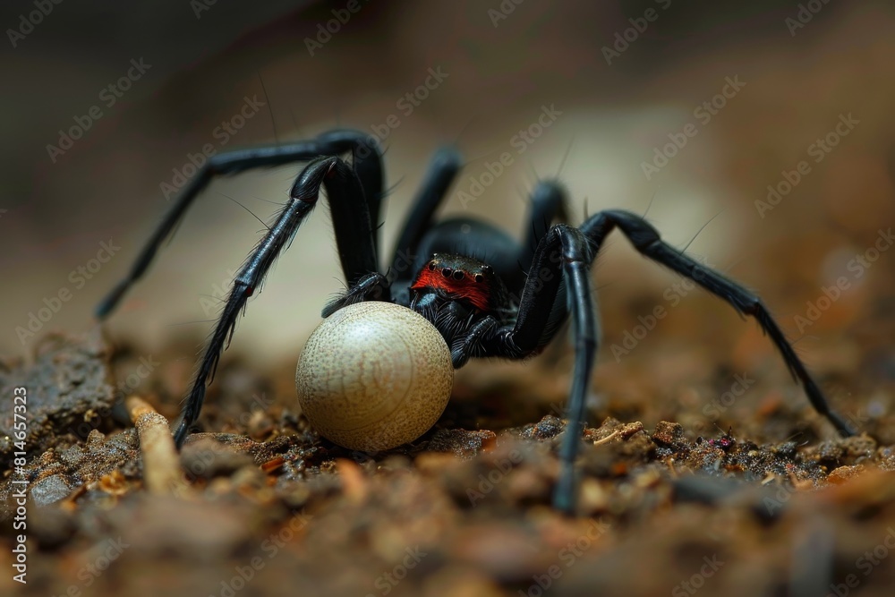 A detailed close-up view of a spider with red markings on its body ...