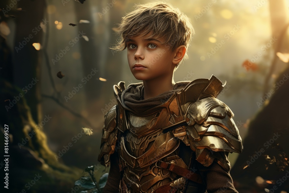 Boy in knight armor stands amidst a mystical forest, evoking fairy tale ...