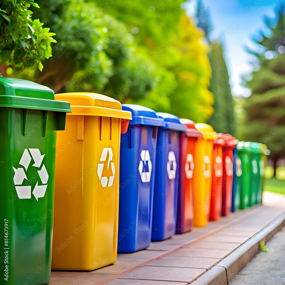 recycling bins, garbage bins in different colors, recycling symbols ...