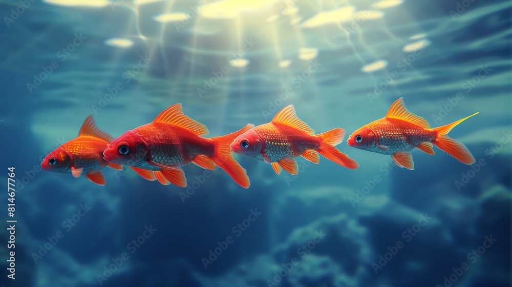 Five identical deep red little fishes in the ocean bottom, swimming in ...