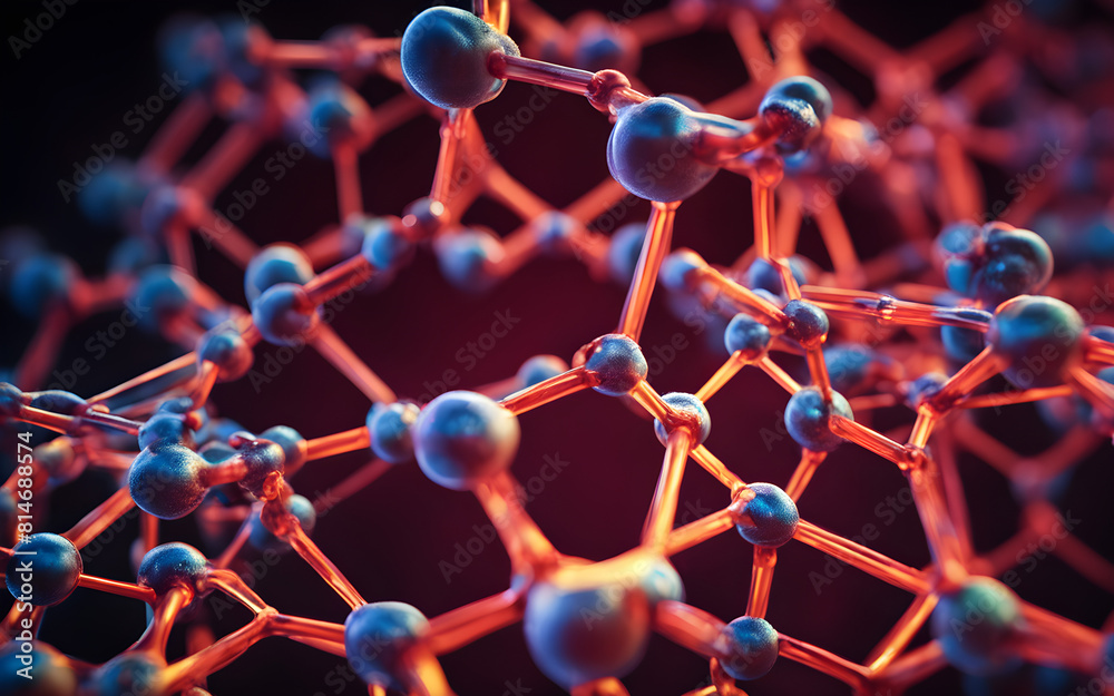 Graphene molecule model illuminated by neon lights, representing ...