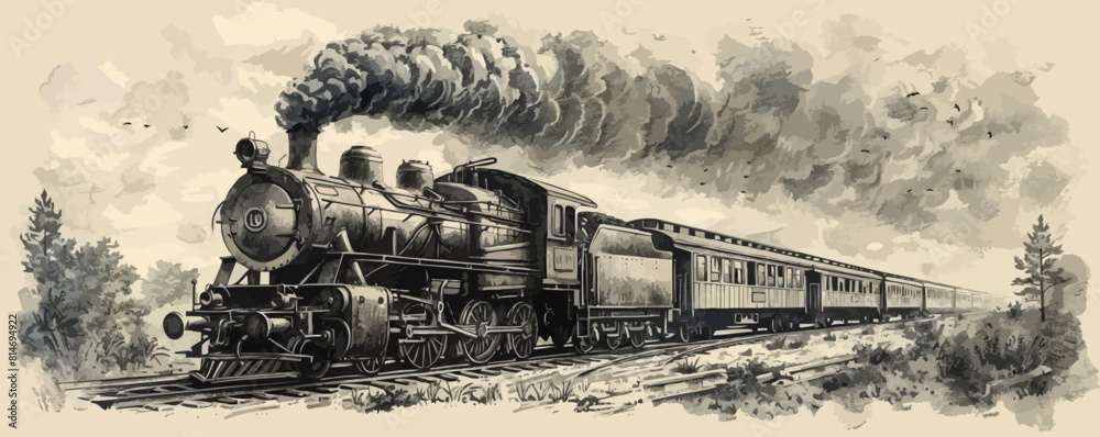 Vintage steam locomotive, engraving style illustration. Hand drawn ...