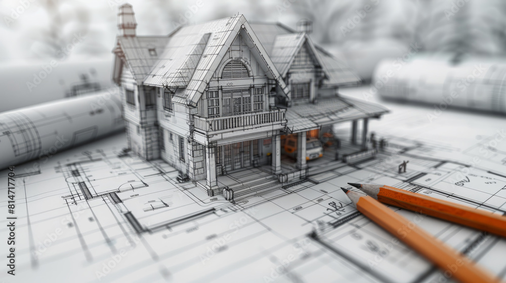 Architectural Model of a Modern Residential House on Blueprints Stock ...
