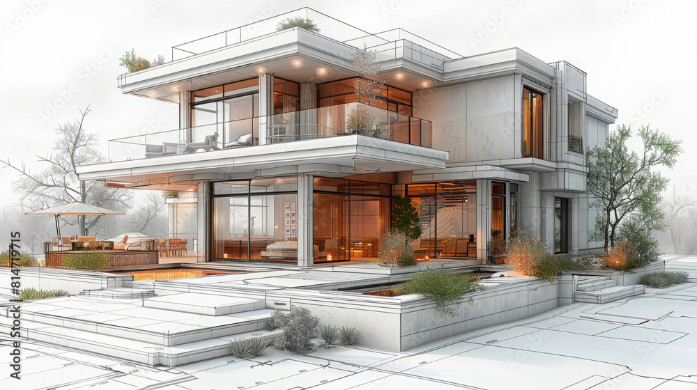 Architectural Model of a Modern Residential House on Blueprints Stock ...