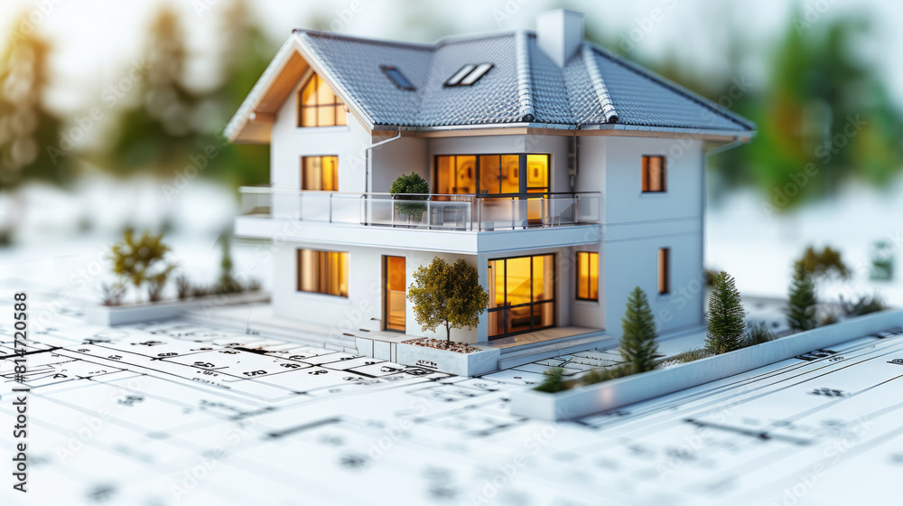 Architectural Model of a Modern Residential House on Blueprints Stock ...