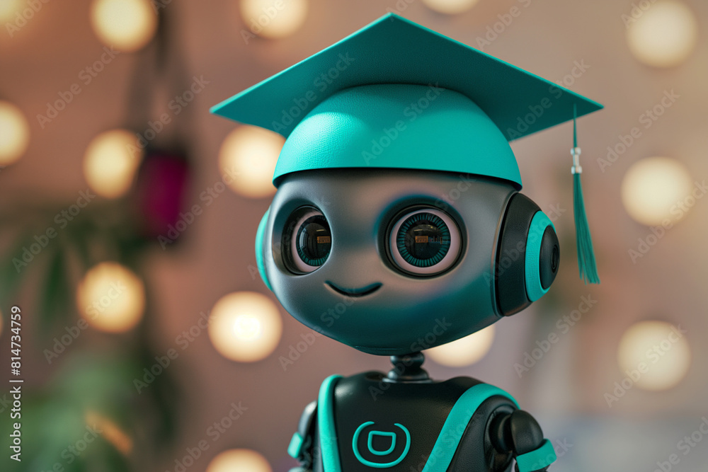 cute robot with graducation cap, A little cute robot stands proudly ...