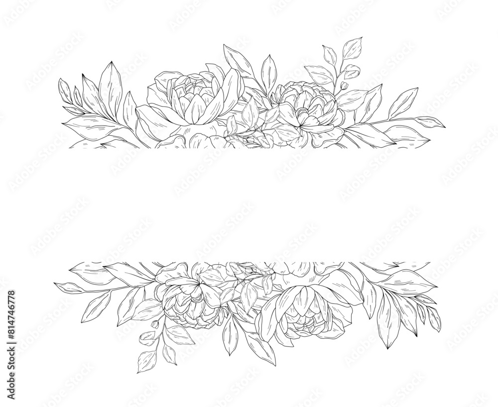 Vector floral frame with peony flowers, hand drawn wedding card design ...