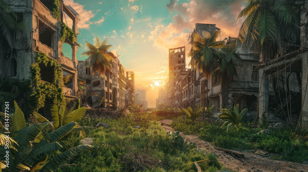 Destroyed city during post apocalypse at sunset, ruined buildings ...