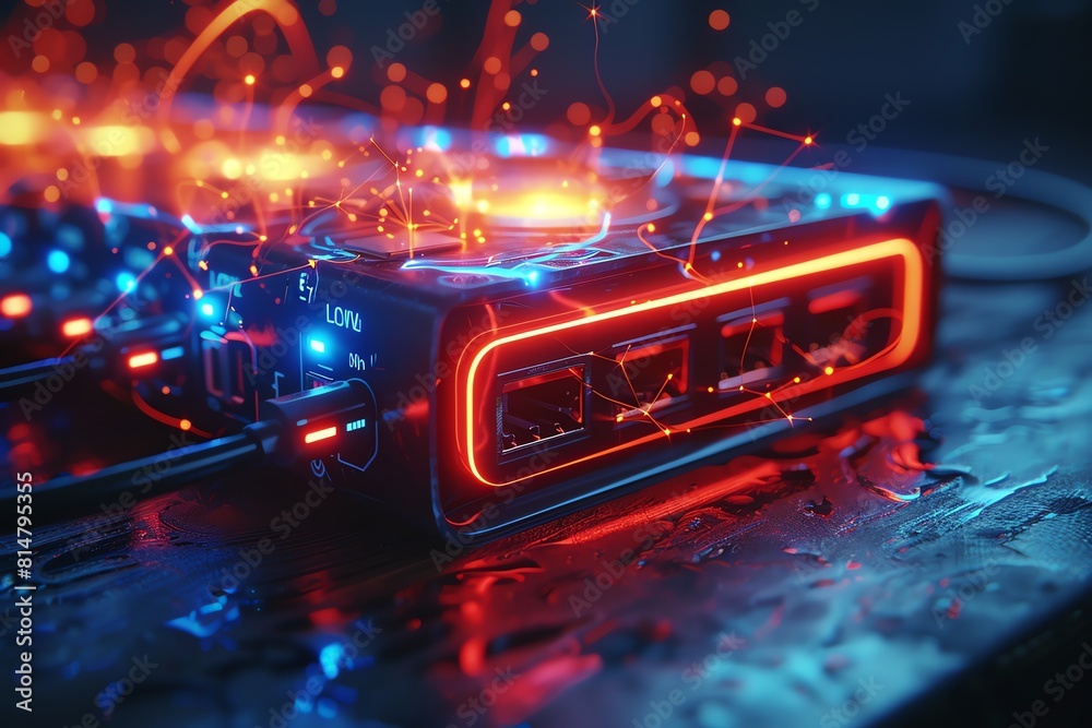 USB hub with electrical sparks, side view, Power surge, futuristic tone ...