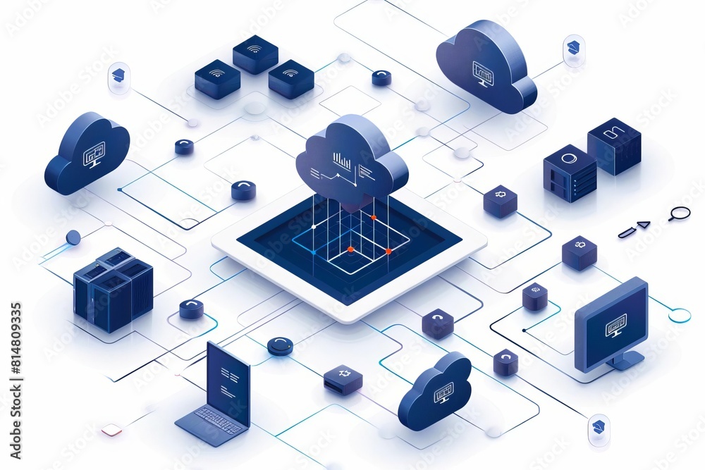 A complex network of interconnected clouds and devices. The devices are ...
