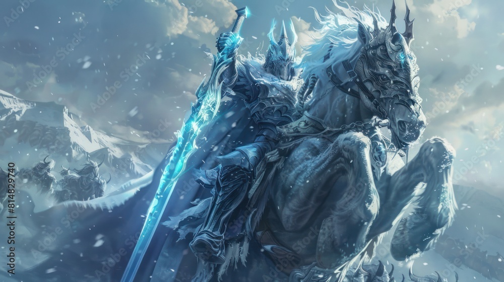 Blue-eyed Frozen Demon Emperor in an ice warrior outfit, holding an ice ...