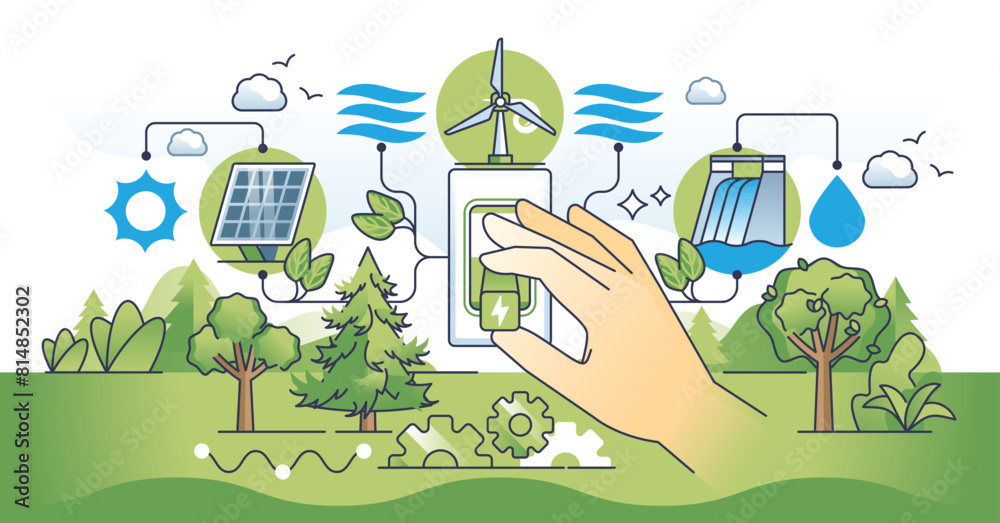 Clean energy shift and choosing green power production outline hands ...