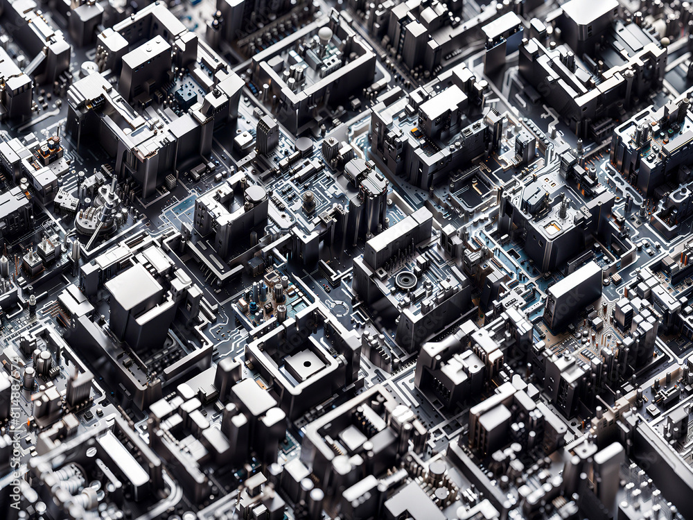 top view on an electronic city concept, 3d illustration of a city made ...