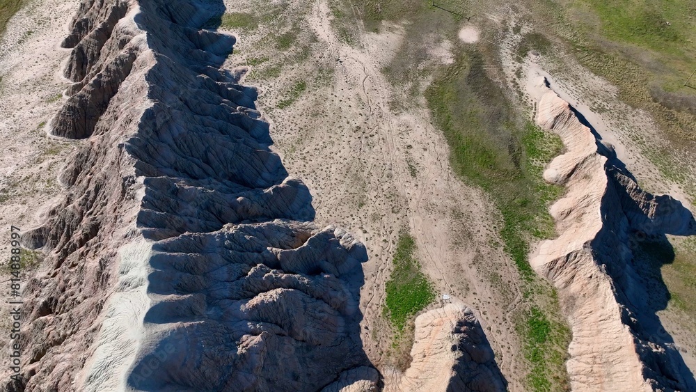 Looking down on Badlands South Dakota eroding rock formations and ...