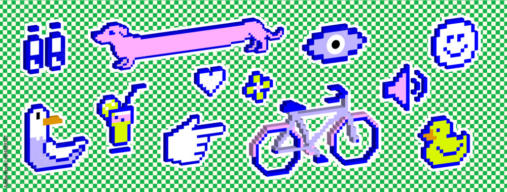 Trendy Y2k retro sticker pack. Naive playful pixel shapes. Comic style ...
