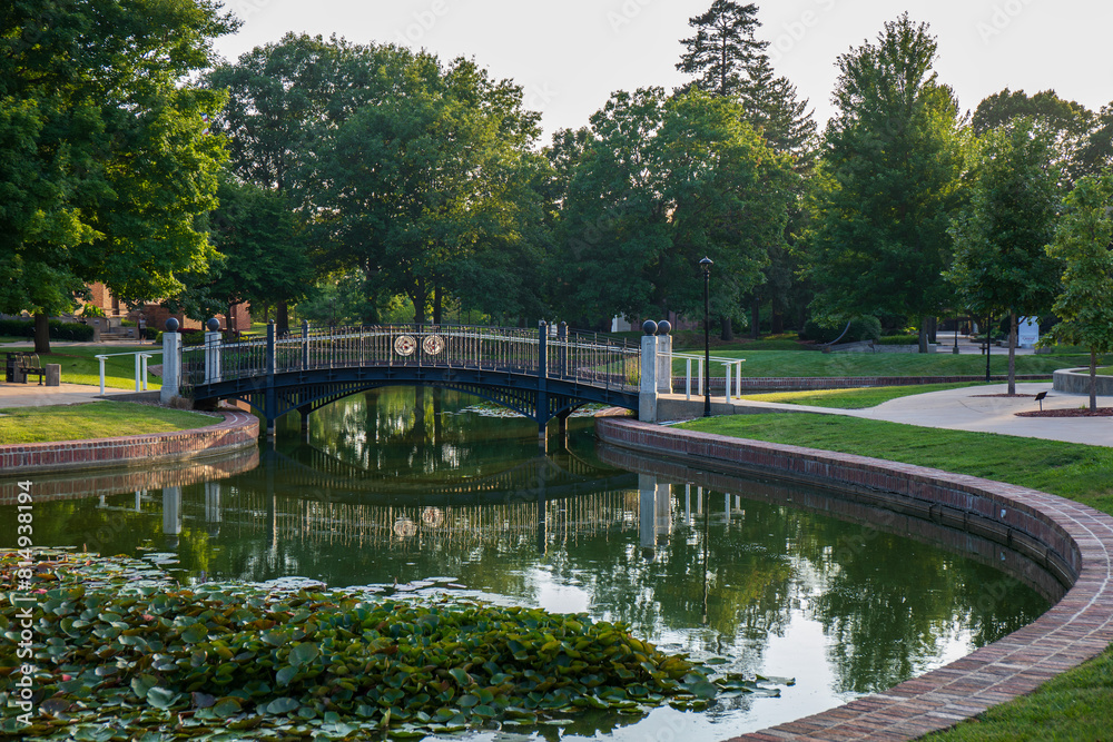 Green trees and pond with reflective surface. Pedestrian bridge over ...