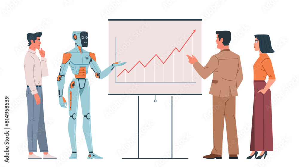 Cyborg stands at the blackboard with a graph surrounded by team. Modern ...