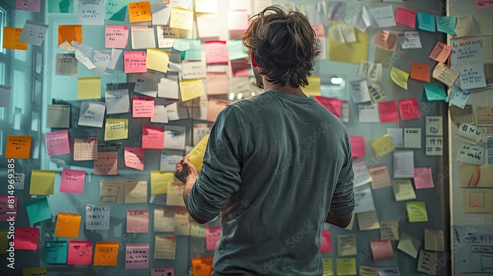 Freelancer brainstorming with sticky notes on a home office wall ...