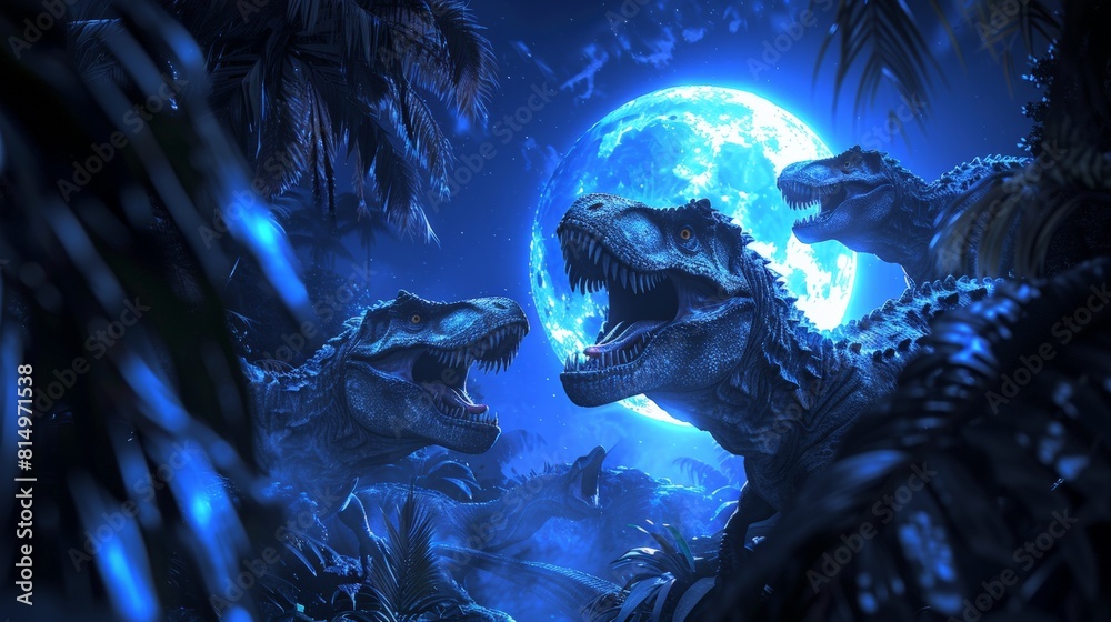 Group of Velociraptors under the moonlight, surrounded by tropical ...