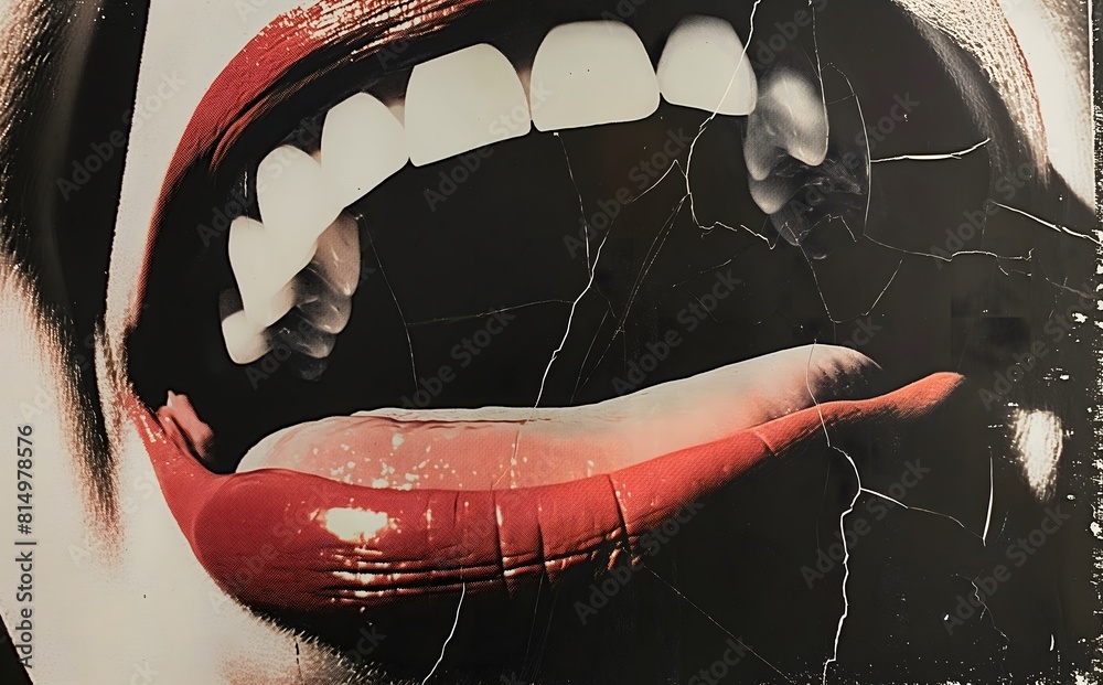 Close up of open mouth with white teeth, tongue sticking out and ...