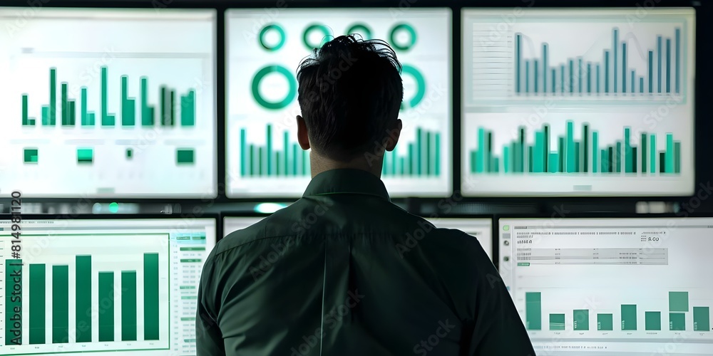Man in front of computer screen with data displayed. Concept Computer ...
