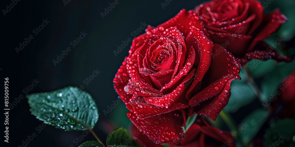 Red roses on dark background poster. Beautiful red flowers with water ...