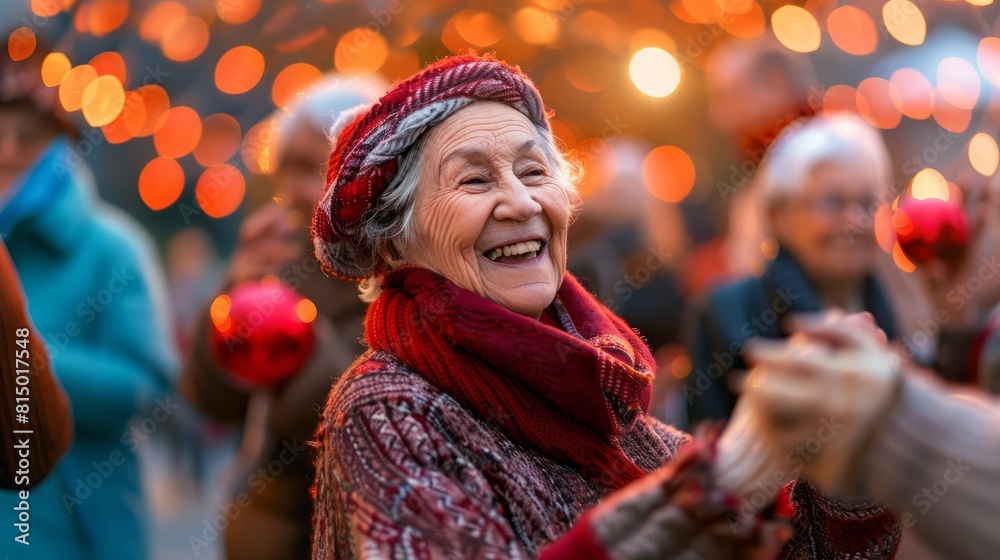 A group of seniors dressed in festive attire, dancing and celebrating ...