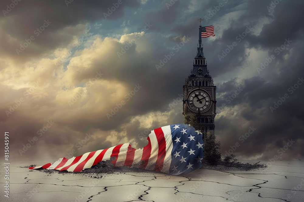 Surreal scene American flag as praying soldier, clock tower backdrop ...