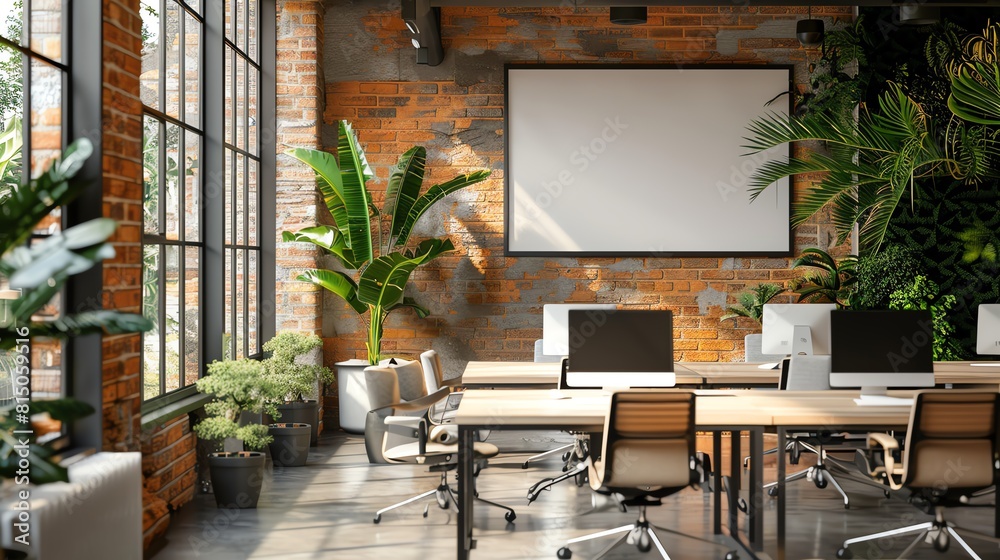 Stylish coworking space interior with PC monitors on tables and a large ...