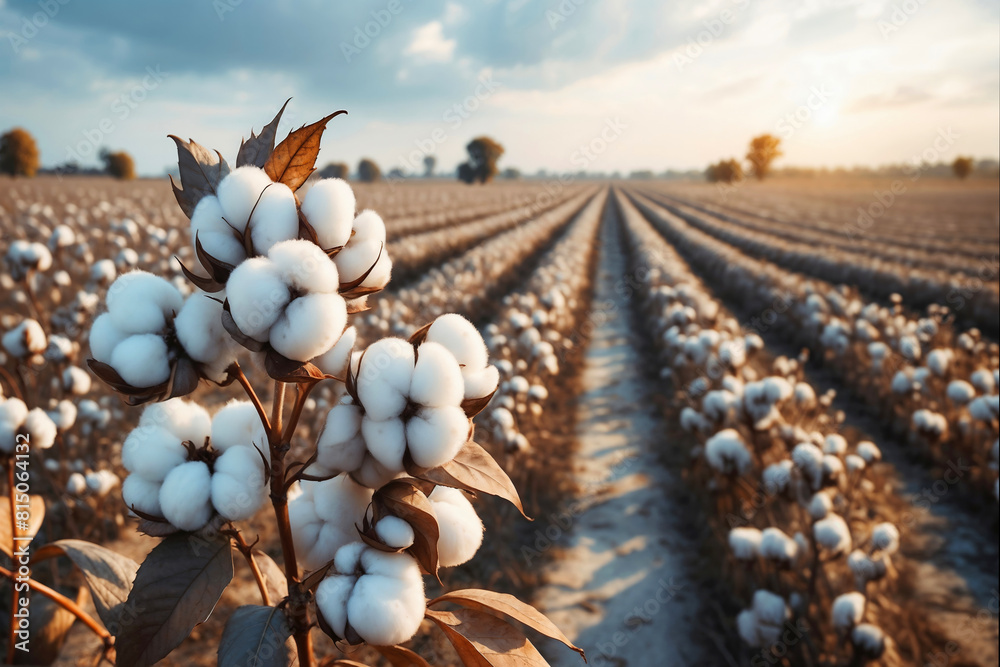 A close-up of cotton bolls on their plants stands in sharp focus ...