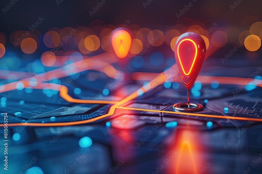 Digital hand set location on map with two pins. Artificial intelligence ...