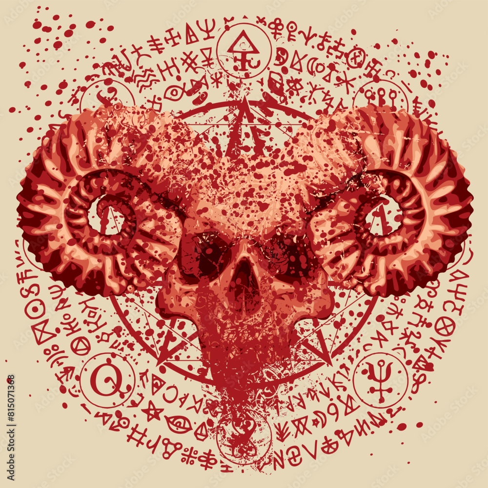 Vector illustration with people skull with horns, blood spots ...