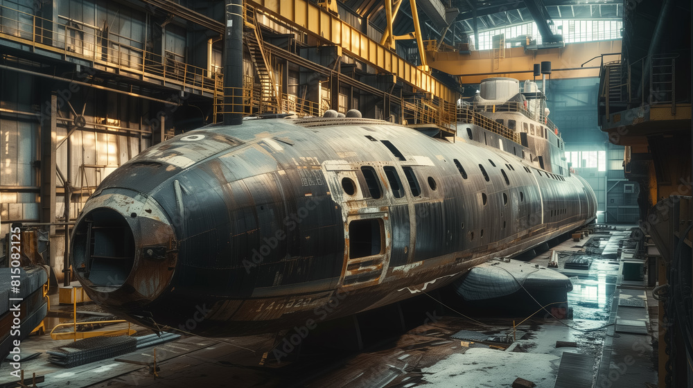 Large submarine under construction, docked inside an industrial ...