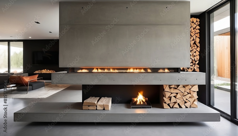 floating hearth of the modern fireplace is crafted from a combination ...