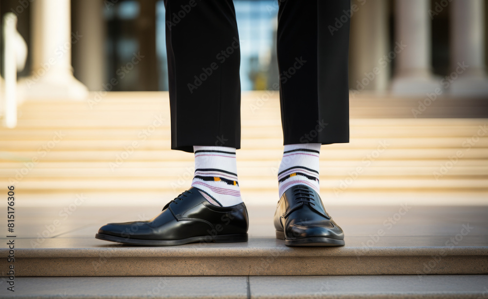 Legs with black pants, different pair of socks and black shoes standing ...