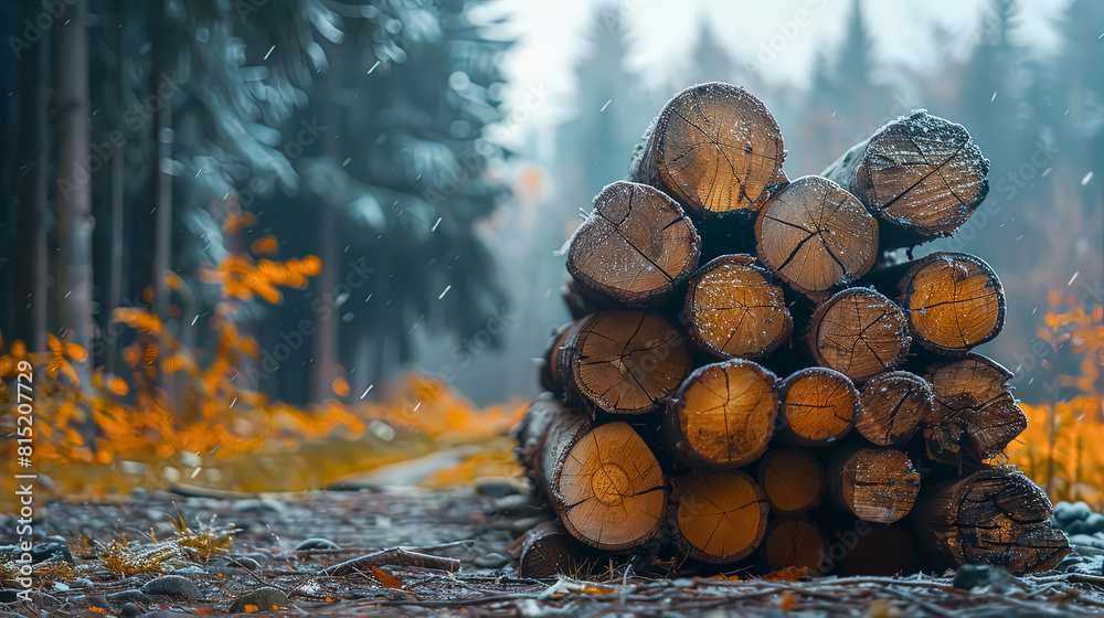 Fallen trees line the road in the forest, depicting deforestation and ...