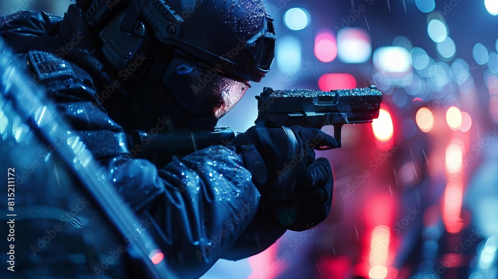 Create a dramatic scene depicting a police officer taking cover behind ...