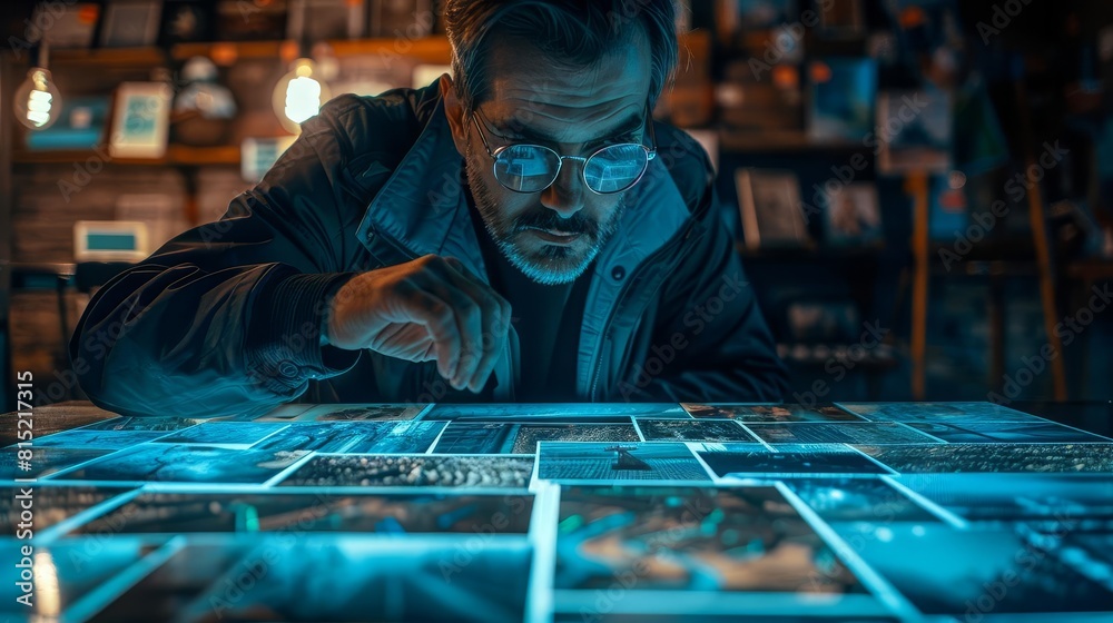 Design an image of a forensics expert examining crime scene photos ...