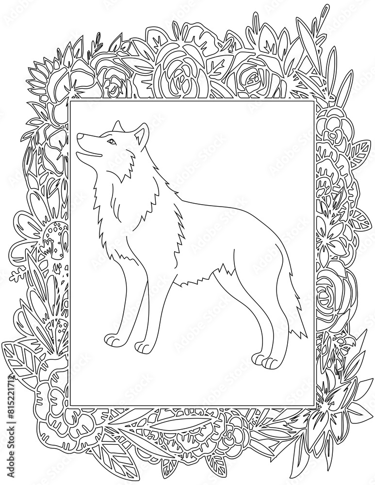 Wolf in A Floral Frame Coloring Page. Printable Coloring Worksheet for ...