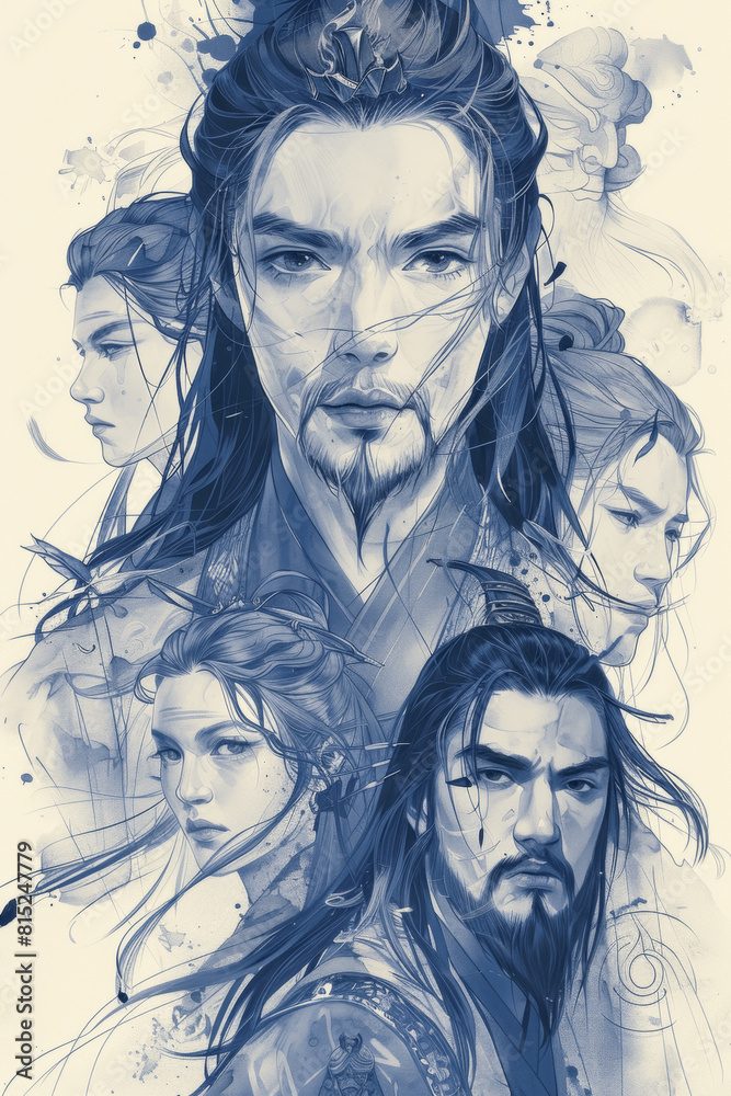 Asian inspired fantasy book cover or poster design in monochromatic ink ...
