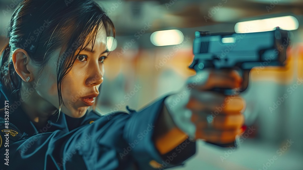 Visualize a police officer behind the scenes at a shooting range ...