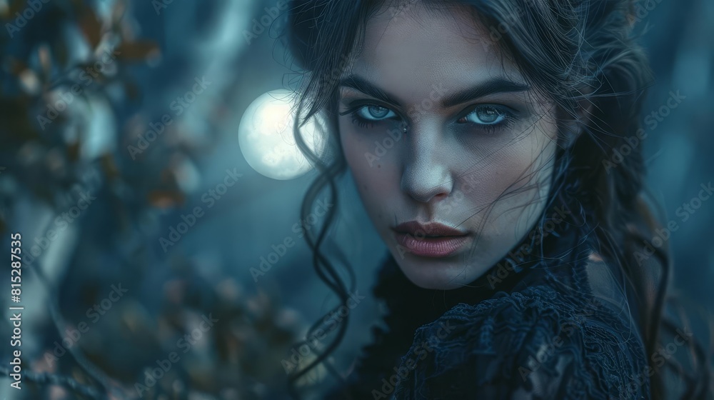 Visualize a woman vampire in a gothic forest, her fangs visible as she ...
