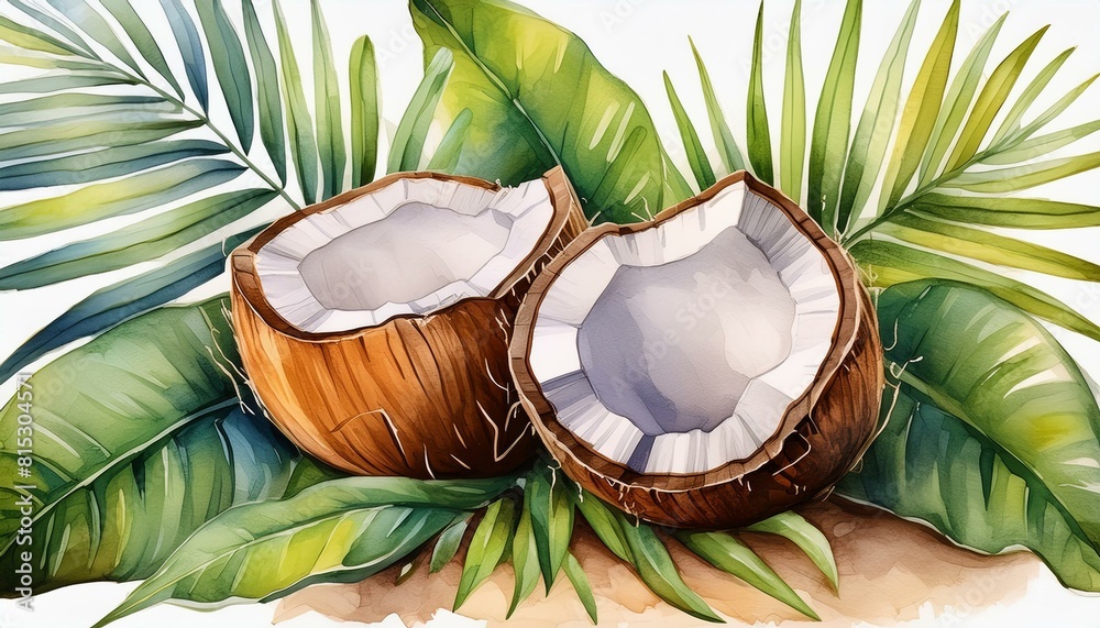 Green palm leaves and half a broken coconuts illustration. Watercolor ...