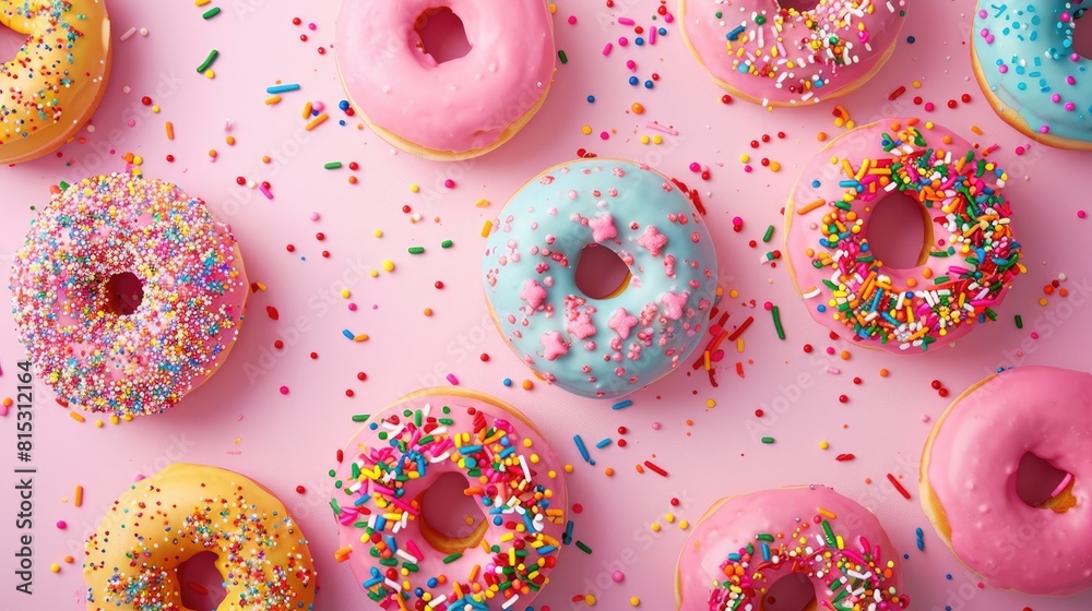 Imagine vibrant donuts adorned with a rainbow of sprinkles set against ...