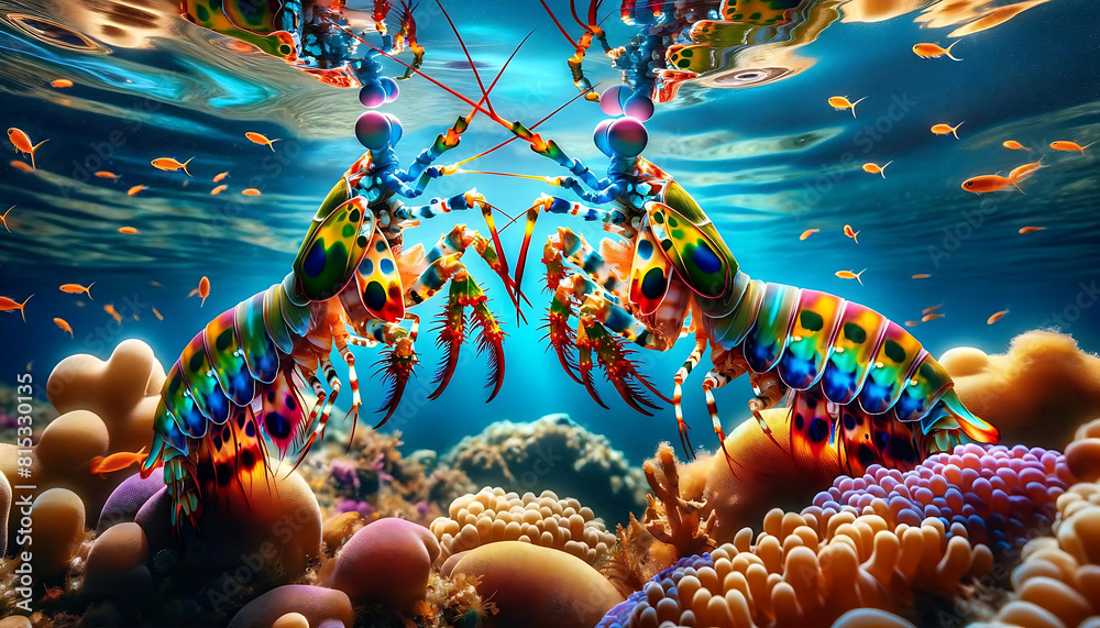 Brightly colored giant prawns which are mating lively in a sea of ...