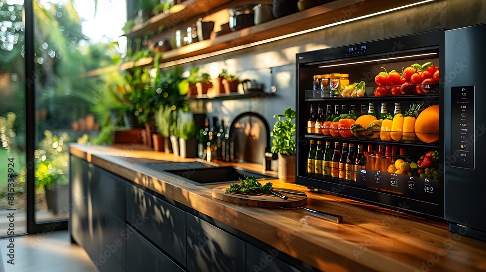 A close-up view focusing on the interface of a smart refrigerator in a ...