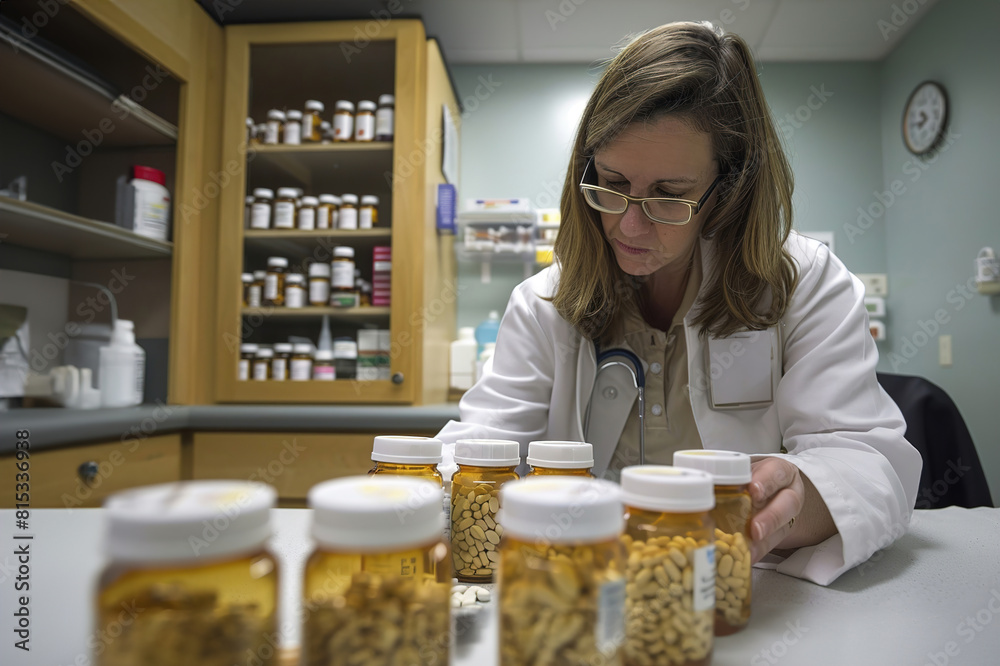 Pharmacist dispensing medication, measuring precise doses of essential ...