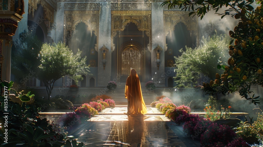 noble and mysterious Muslim woman in the interior garden of a palace of ...
