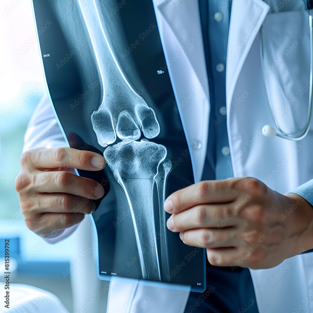 Orthopedic surgeon doctor examining patient's knee joint x-ray films ...